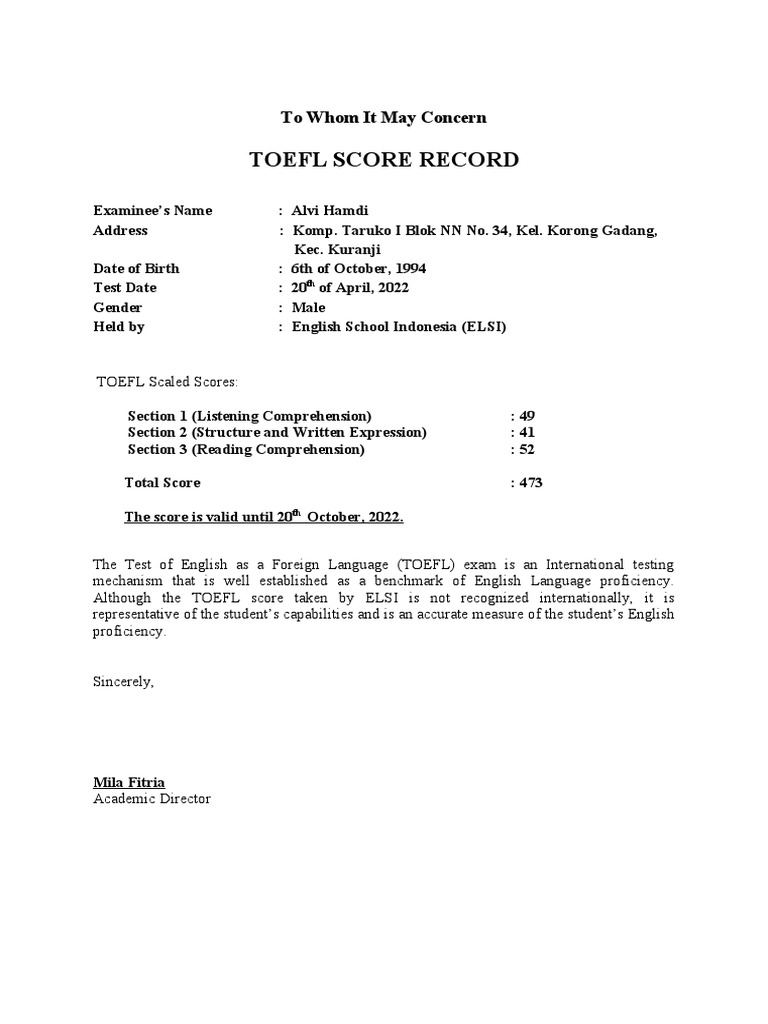 Toefl Certificate | PDF