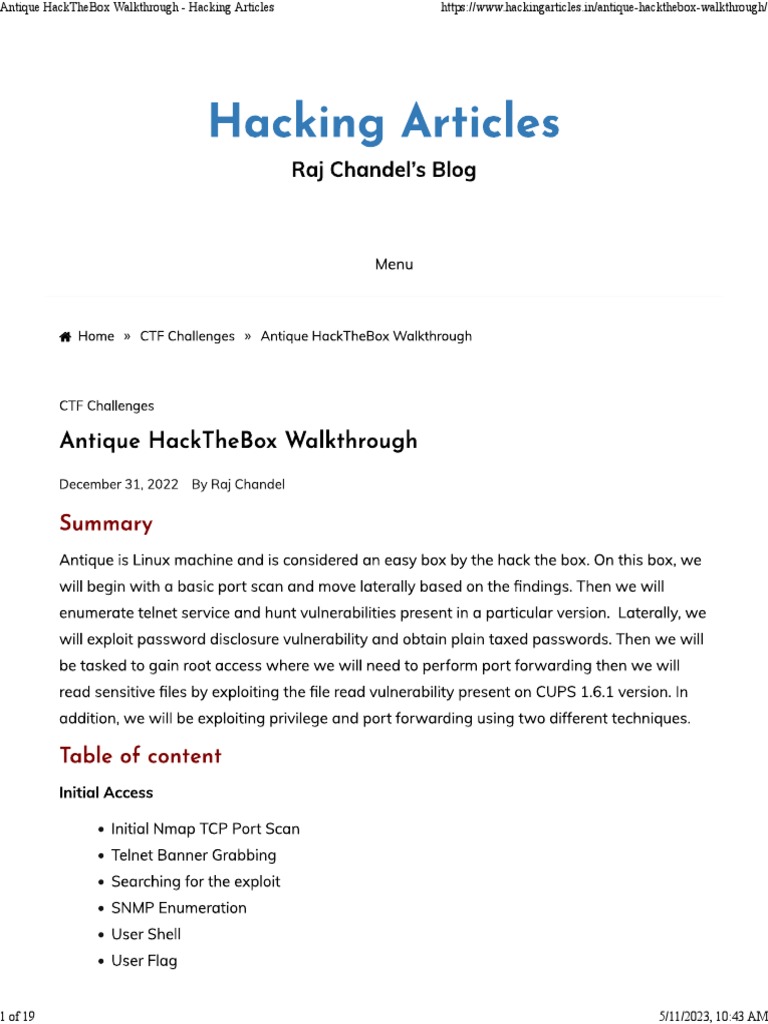 Antique HackTheBox Walkthrough PDF | PDF | Cyberspace | Security Engineering