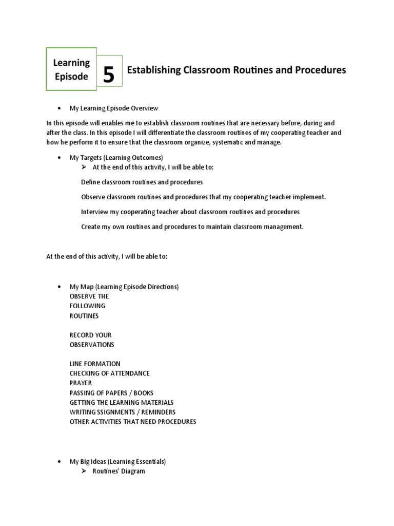 PT-LE-5-Establishing Classroom Routines and Procedures | PDF ...