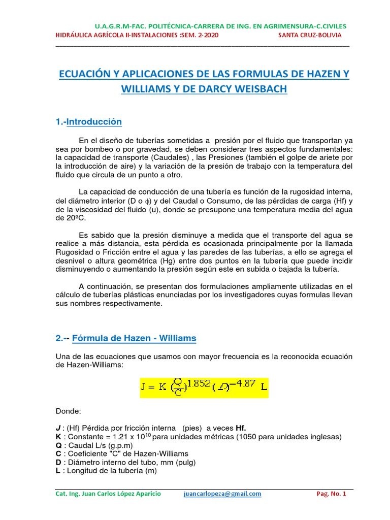 Aplicaciones de Las Ecuaciones de Hazen Williams y Darcy Weisbach | PDF ...