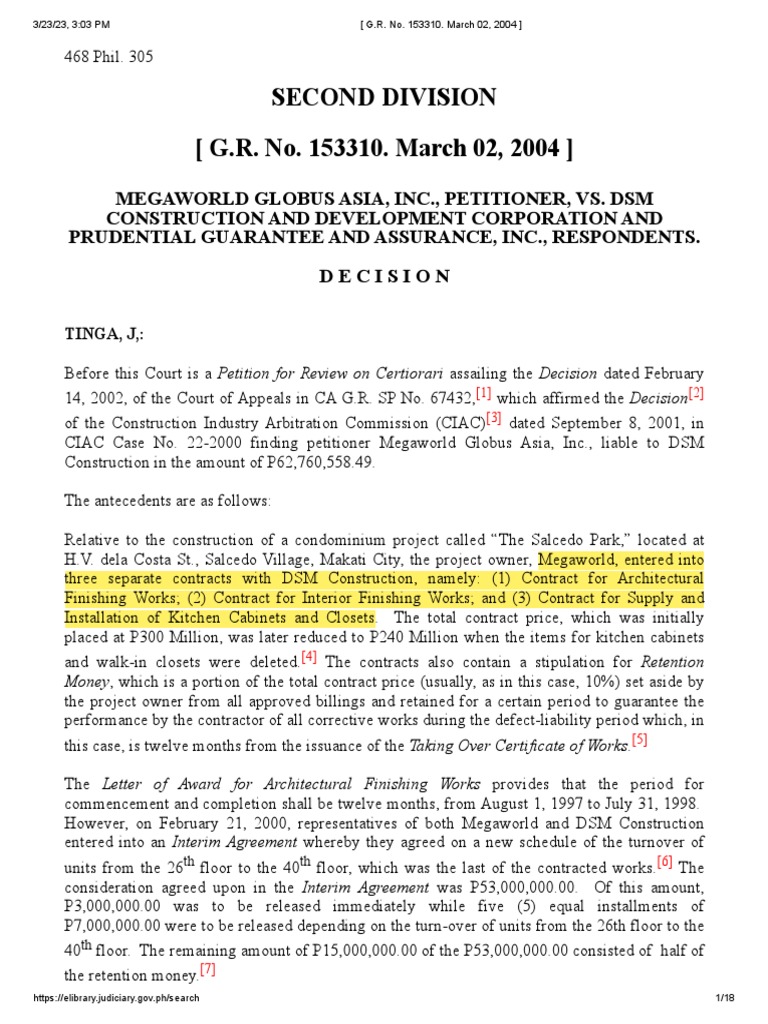 R.R. No. 153310 Megaworld vs. DSM Const. | PDF | Appellate Court | Appeal