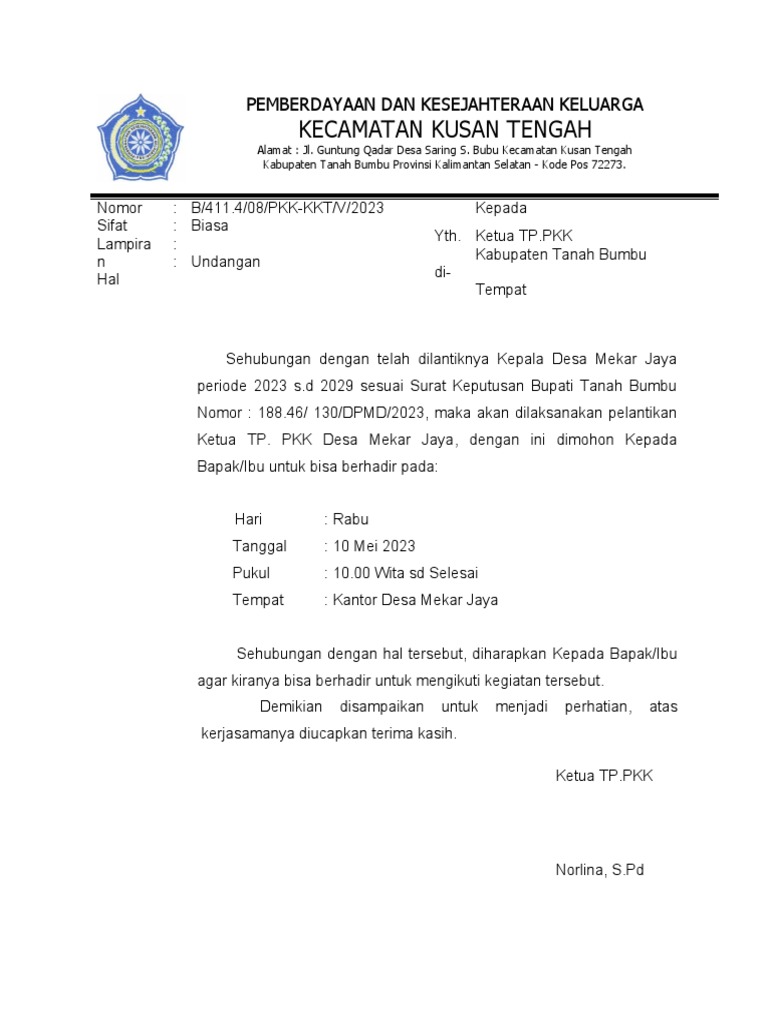 Format Surat PKK Kusan Tengah | PDF