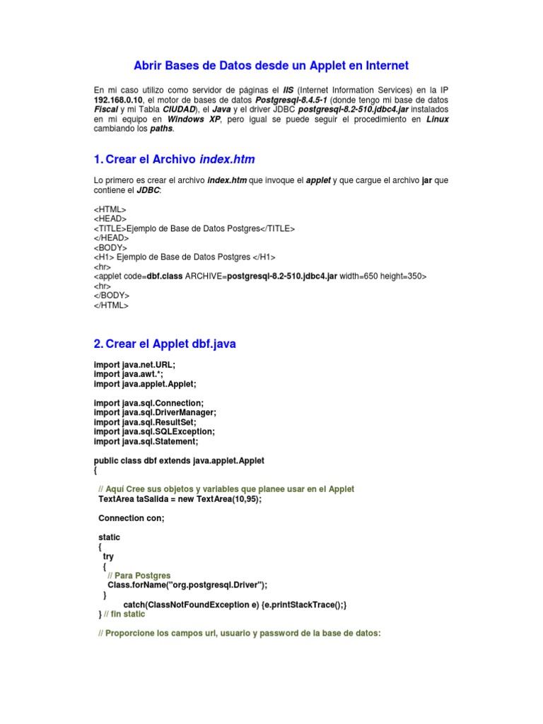 Abrir Bases de Datos Desde Un Applet en Internet | Descargar gratis PDF | Java (lenguaje de ...