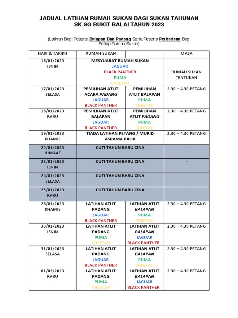 Jadual Rumah Sukan 2023 New | PDF