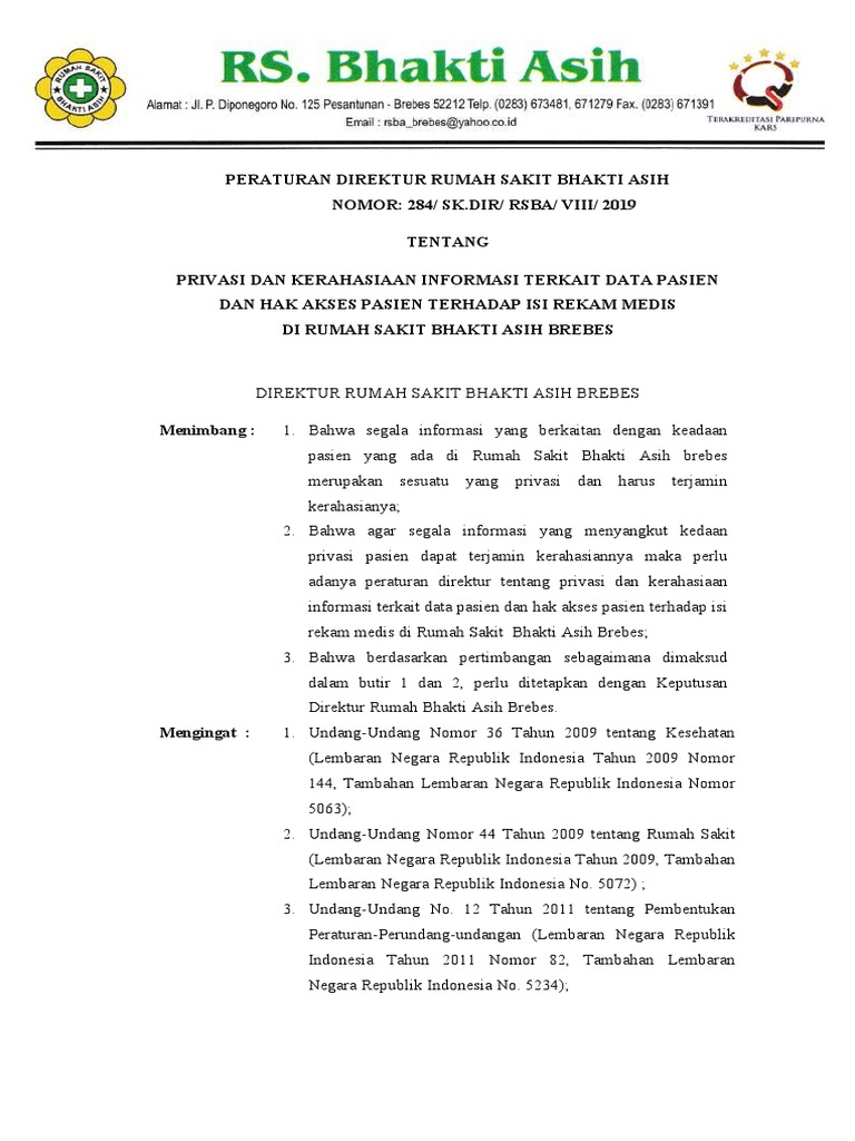 SK Privasi Dan Kerahasiaan Informasi Terkait Data Pasien Dan Hak Akses ...