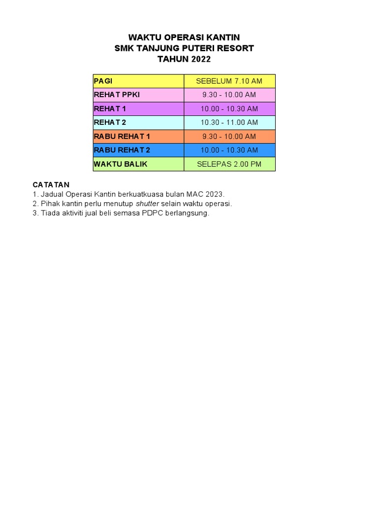 Jadual Operasi Kantin 2023 | PDF