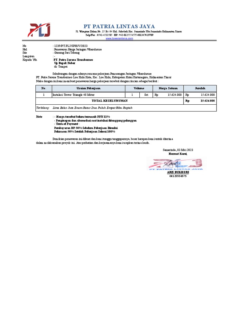 1 - SPH Instalasi Tower Triangle 60 Meter Lokasi PT Ppa Site Adaro | PDF