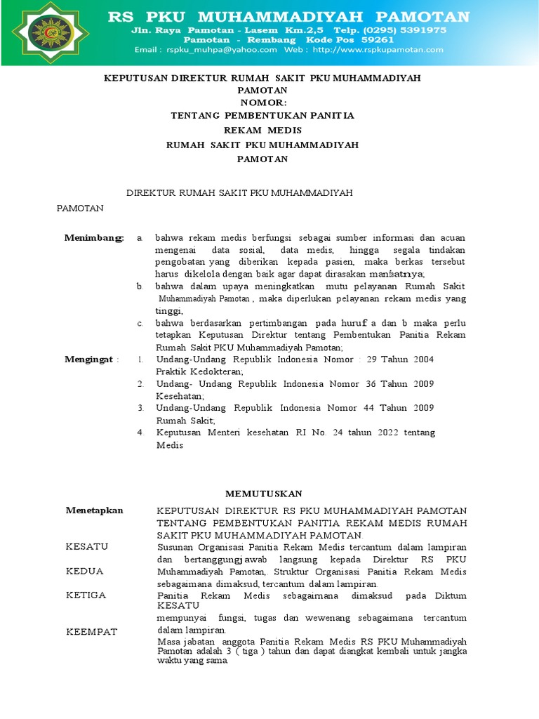 SK Penetapan Panitia Rekam Medi RS Pku Muhamadiyah Pamotan | PDF