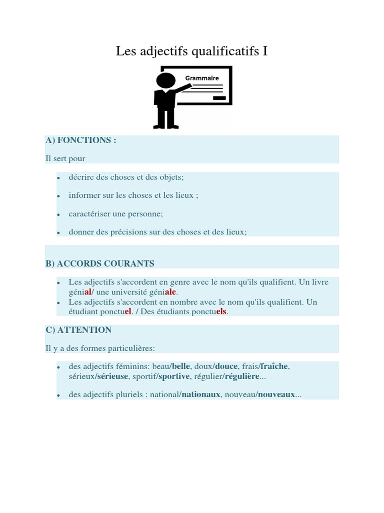 Adjectifs qualificatifs : fonctions et accords | PDF | Arts du langage ...