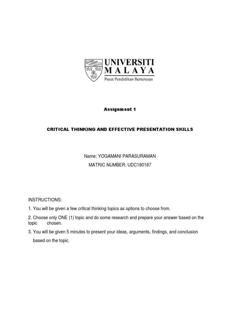 Assignment 1 Critical Thinking Udc180187 | PDF | Logic | Behavior