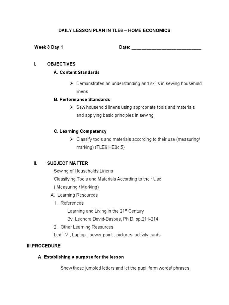 Q4 DLP TLE6 HE WK 3 Day 1 | PDF | Lesson Plan | Cognitive Science