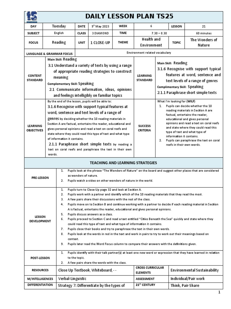 ENGLISH FORM 3 Lesson 21 Reading | PDF