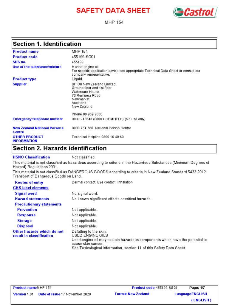 MHP 154 Safety Data Sheet Summary | PDF | Dangerous Goods | Personal Protective Equipment