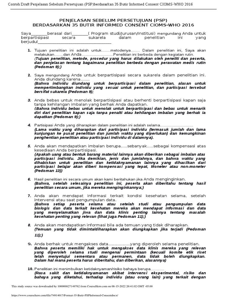 Format PSP Informed Consent Penelitian | PDF