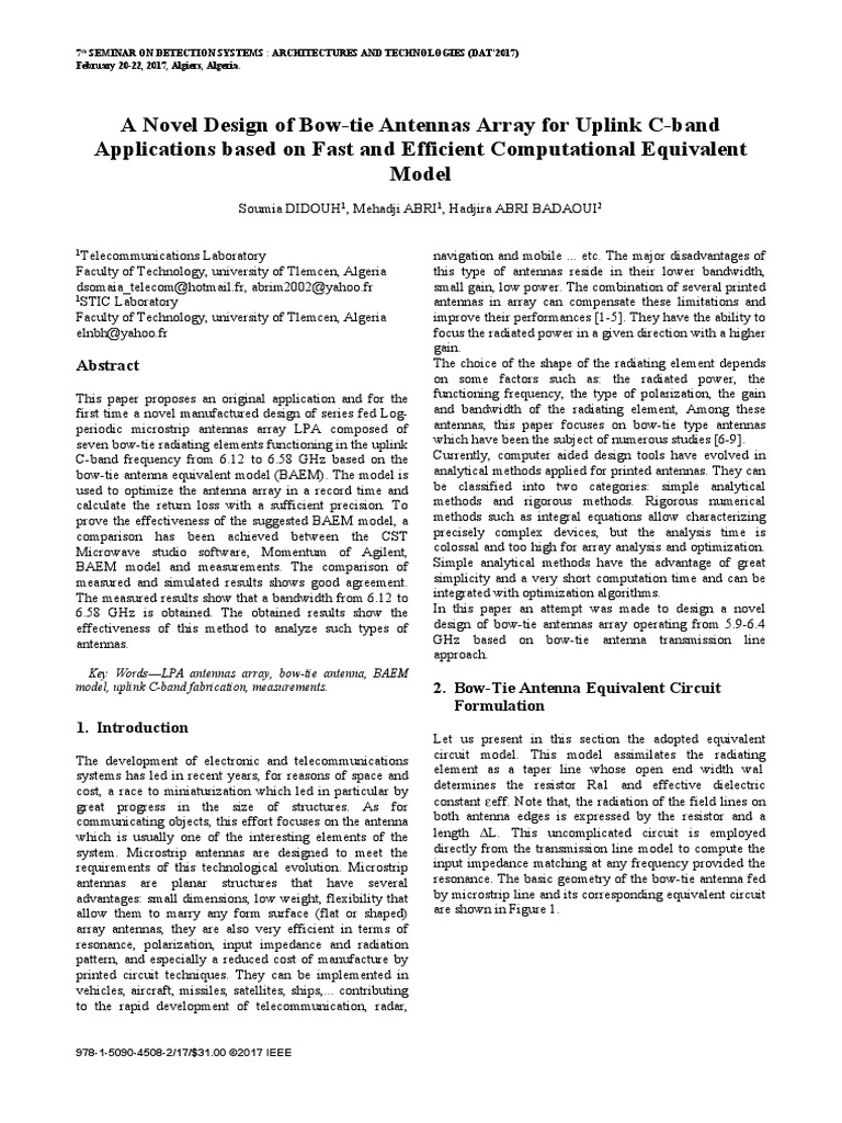 A Novel Design Of Bow Tie Antennas Array For Uplink C Band Applications Based On Fast And