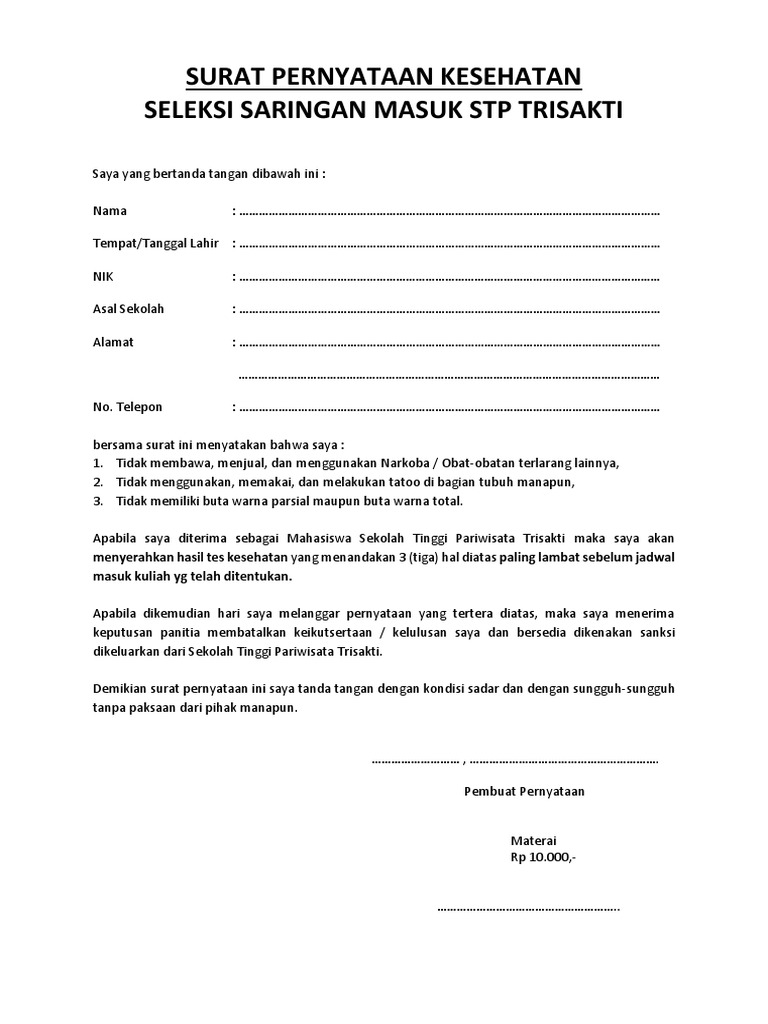 Format Surat Pernyataan Kesehatan STP Trisakti PDF | PDF