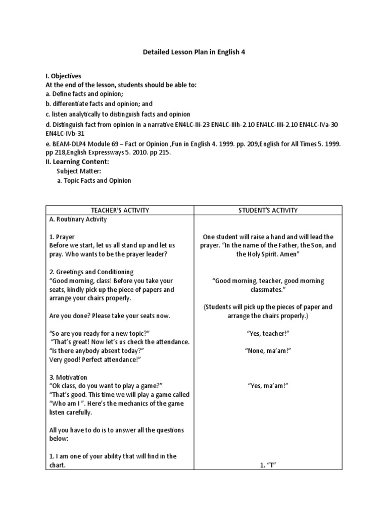 Fact vs. Opinion Lesson Plan for Grade 4 | PDF | Evidence | Cognition