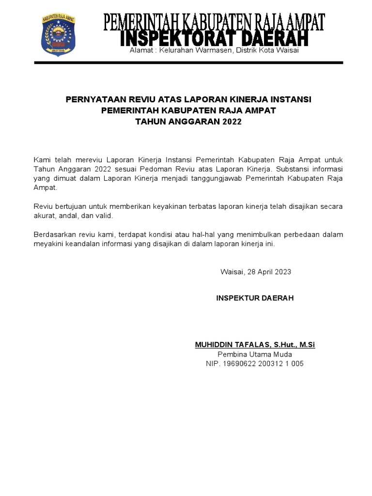 Laporan Hasil Reviu LKjIP TA 2022 | PDF