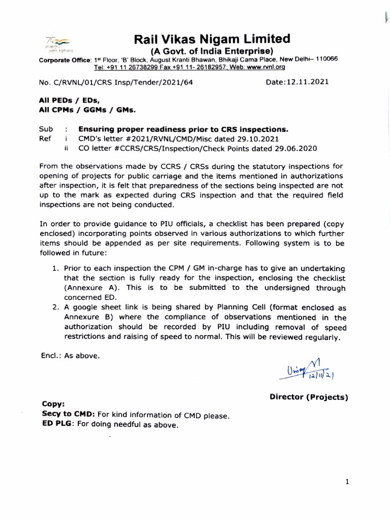 21 11 12 Check List for CRS Inspection | PDF