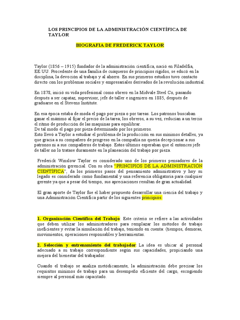 Los Principios de La Administración Científica de Taylor | PDF ...