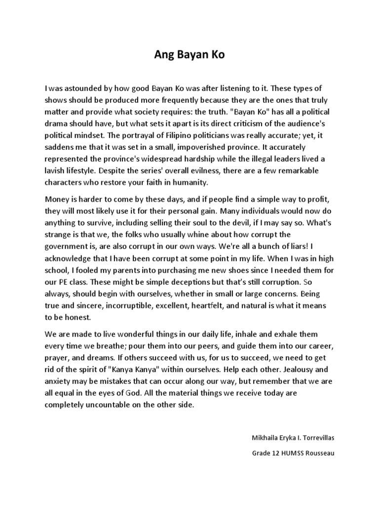 Ang Bayan Ko Reaction Paper | PDF