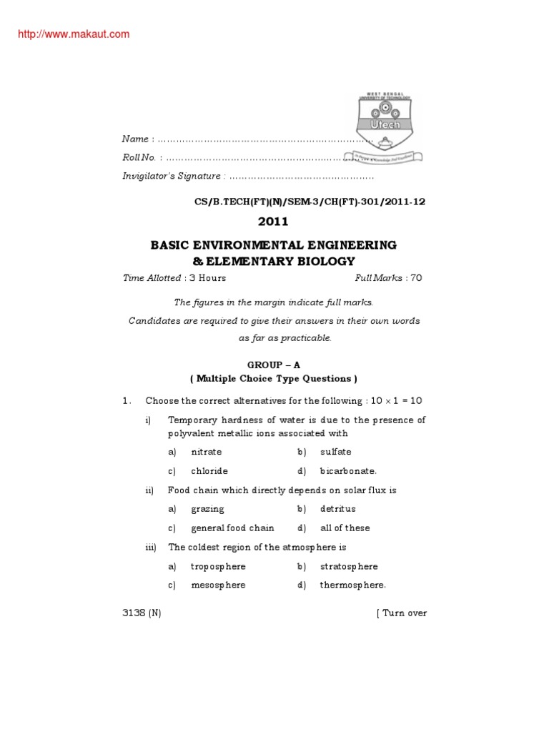 Btech FT 3 Sem Basic Environmental Engineering and Elementary Biology ... Btech FT 3 Sem Basic Environmental Engineering and Elementary Biology ...