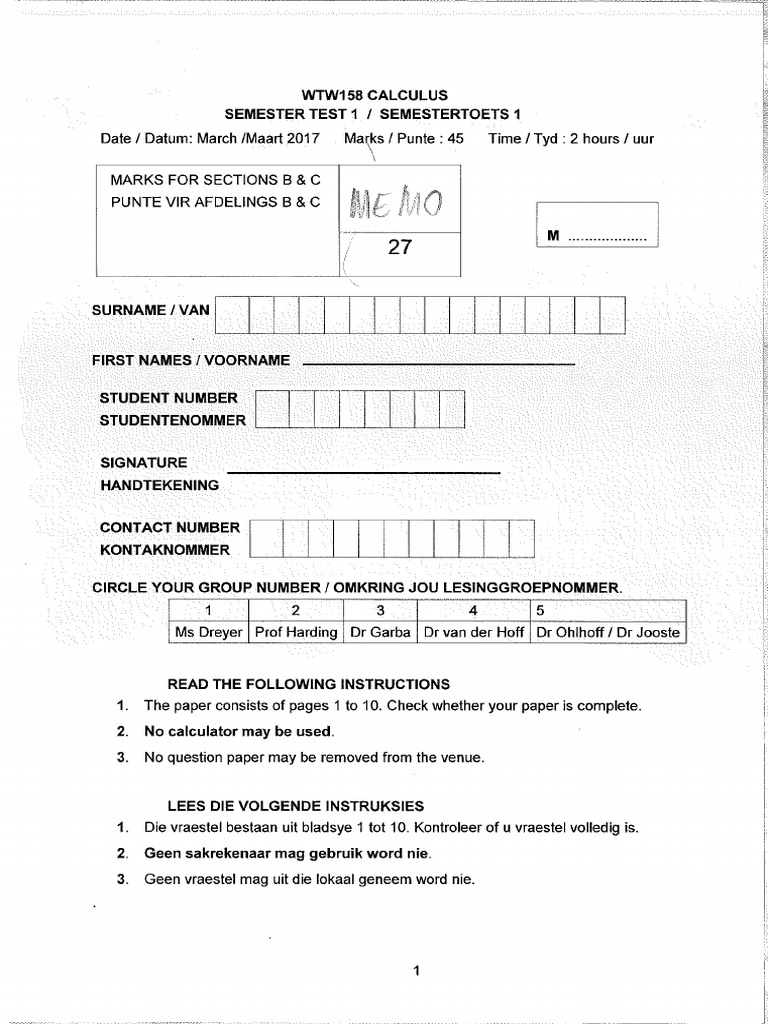 Memo WTW 158 Sem Test 1 2017 | PDF