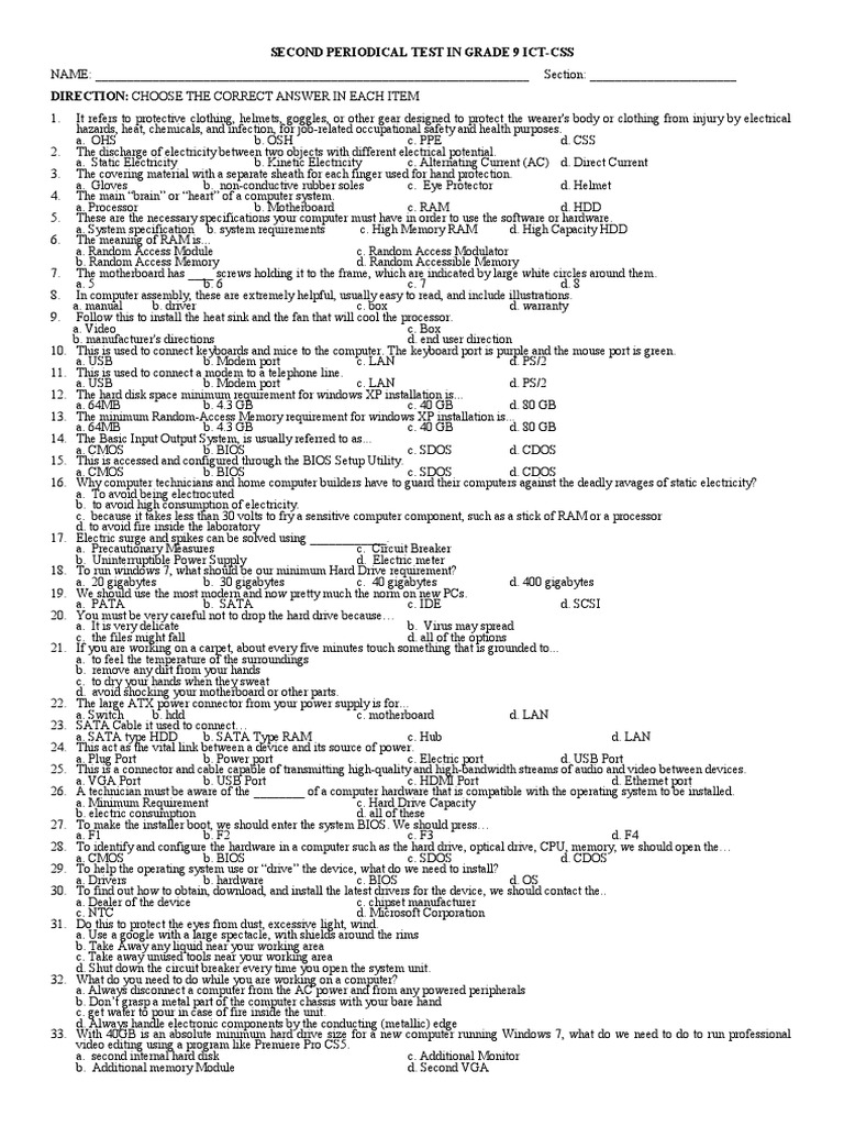 2nd PER TEST IN GRADE 9 ICT CSS | PDF | Bios | Personal Protective ...