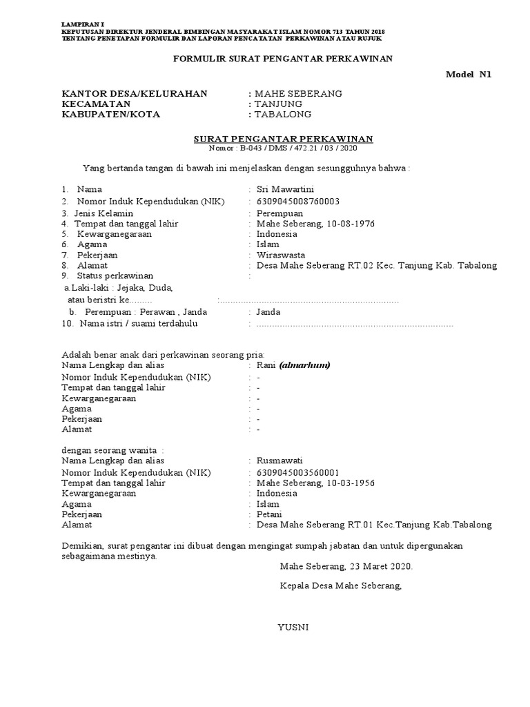 N1 Surat Pengantar Perkawinan | PDF
