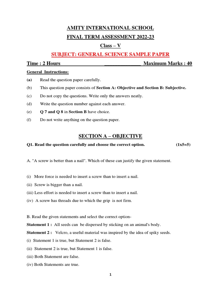 Subject: General Science Sample Paper: Amity International School Final Term Assessment 2022-23 ...