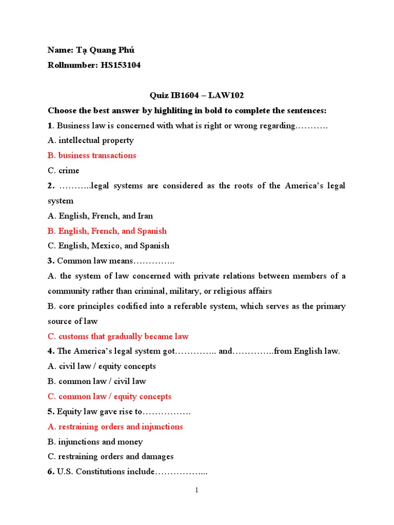 LAW102 Quiz on Business and Tort Law | PDF | Tort | Common Law