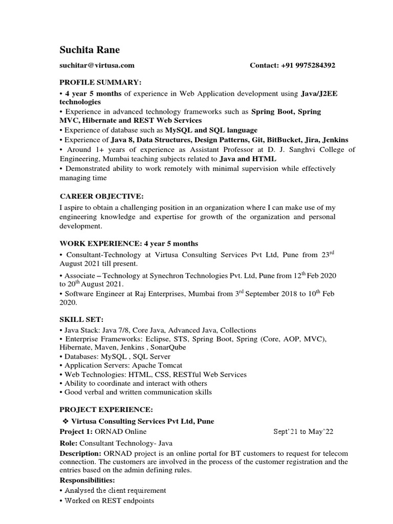 Experienced Java Developer Resume | PDF | Spring Framework | Software