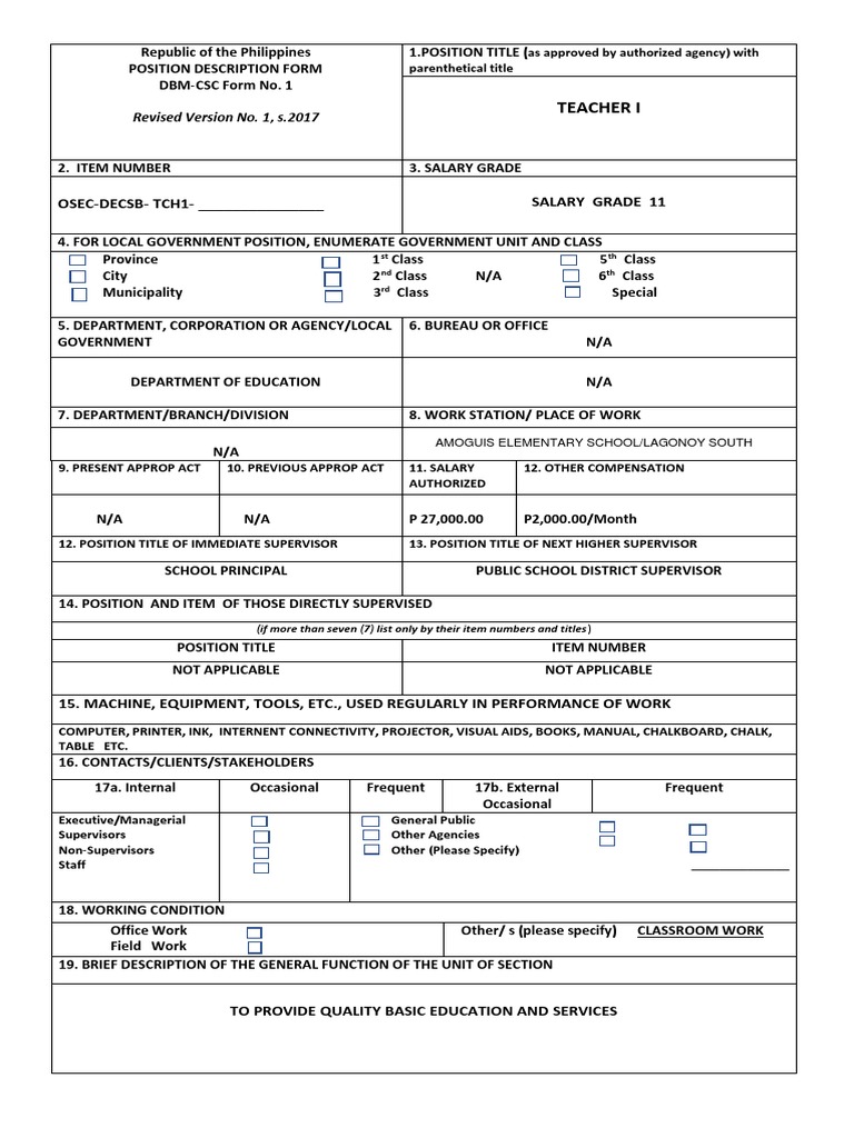 OSEC-DECSB-TCH1 - Salary Grade 11: Teacher I | PDF | Teachers | Classroom