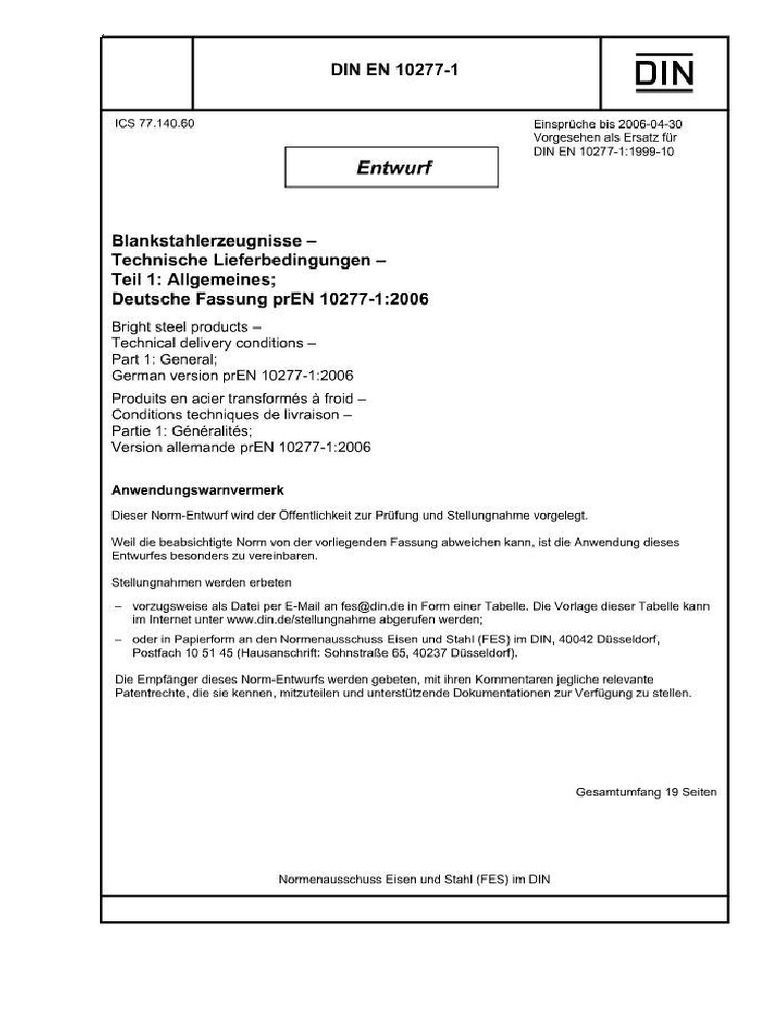 EN 10277-1 Bright Steel Products - Technical Delivery Condition - General - 2006 PDF | PDF