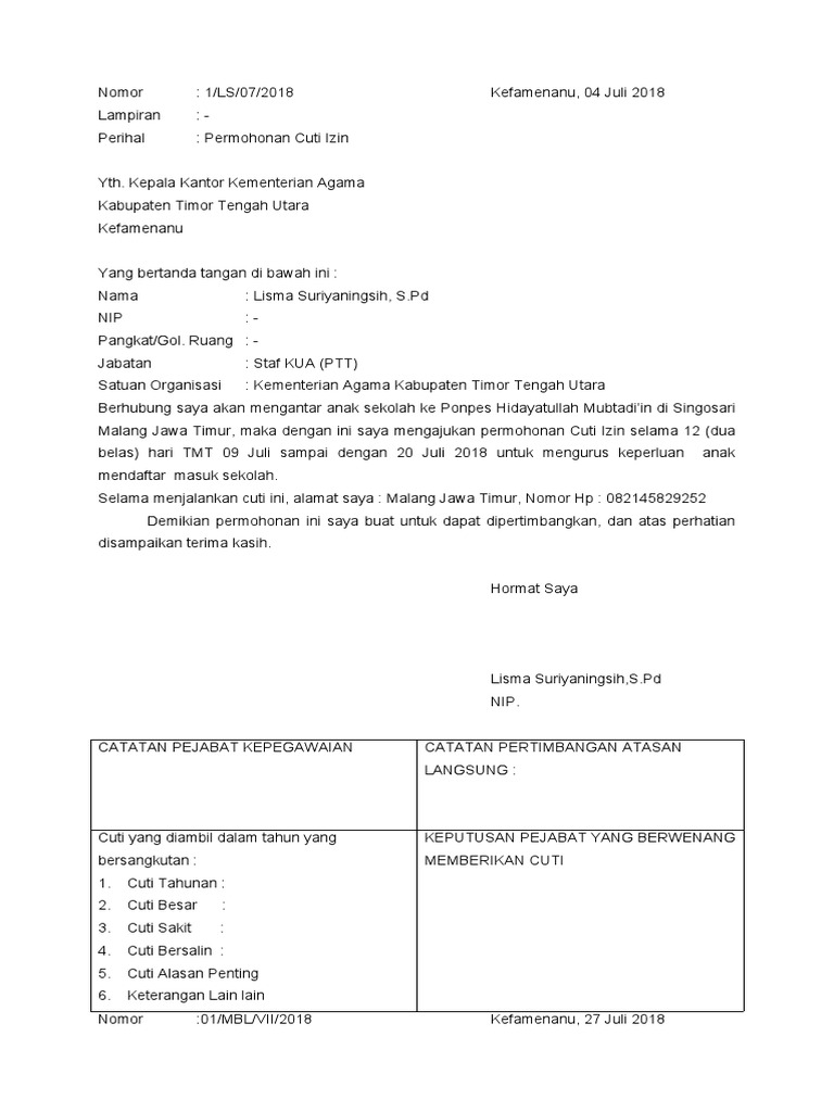 Surat Cuti K Lich | PDF