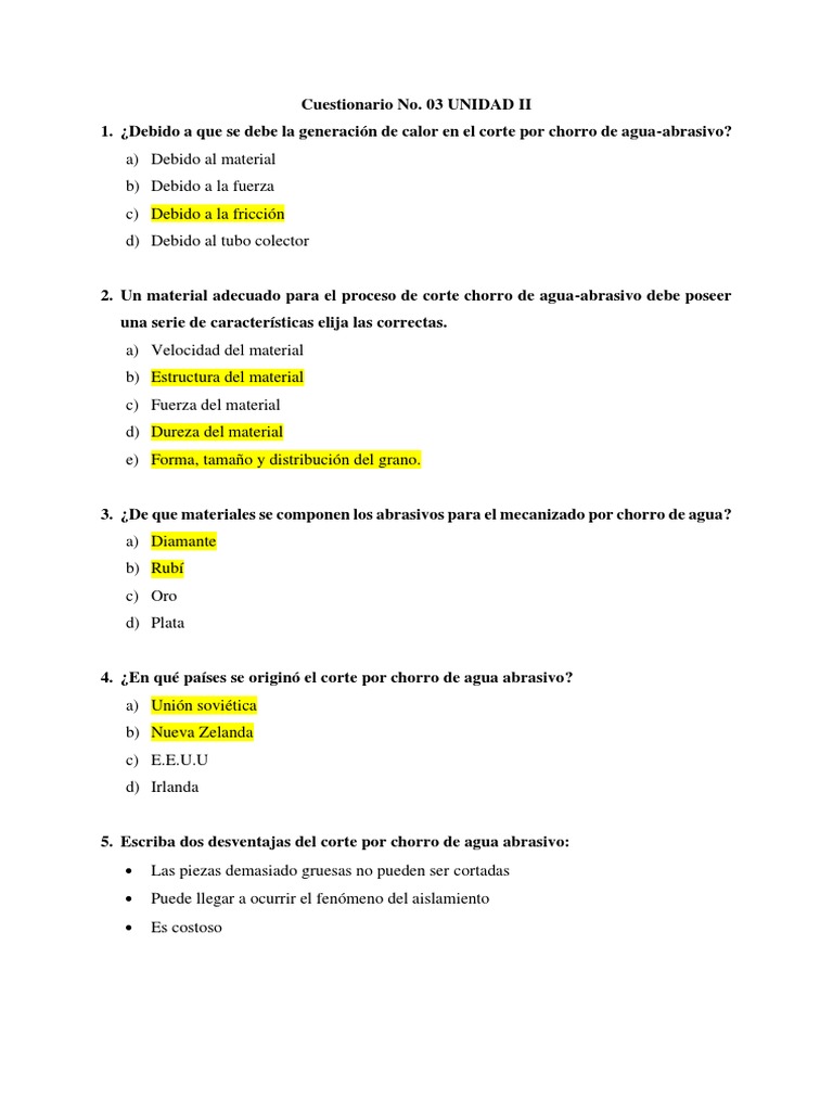 P3 Cuestionario TGM PDF | PDF | Abrasivo | Agua