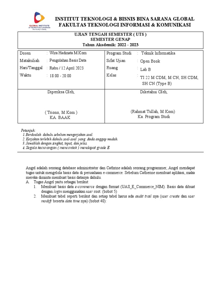 UTS - Pengolahan Basis Data TI 22 M CDM, M CN, SH CDM, SH CN Type B | PDF