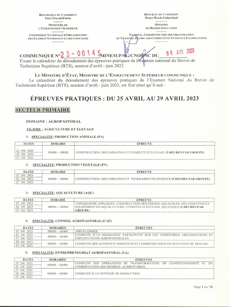 Calendrier Du Deroulement Des Epreuves Pratiques BTS 2023 PDF | PDF