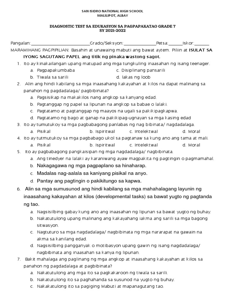 Diagnostic Test in Esp 7 2122 Edited | PDF