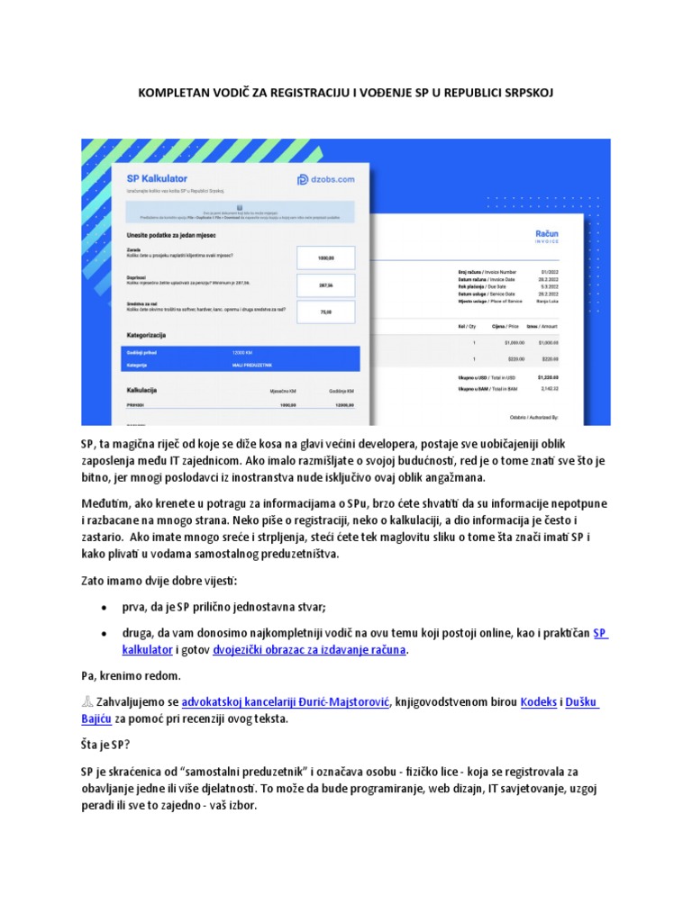 Kompletan Vodič Za Registraciju I Vođenje SP U Republici Srpskoj | PDF