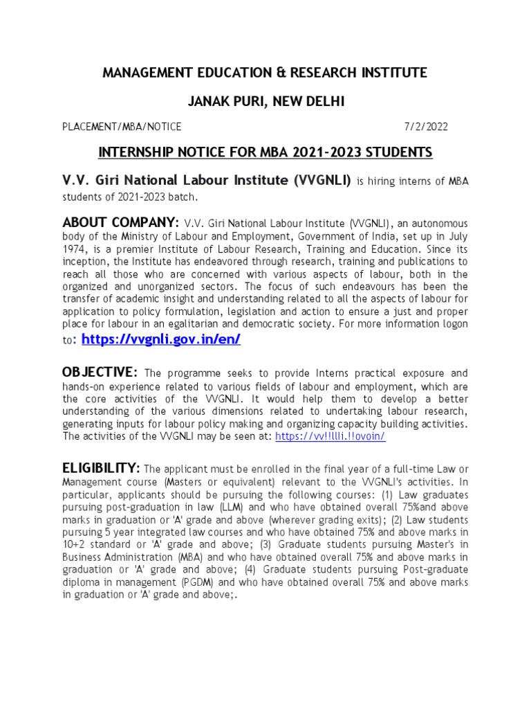 Vvgi Internship Mba 23 | PDF | Internship | Job Hunting