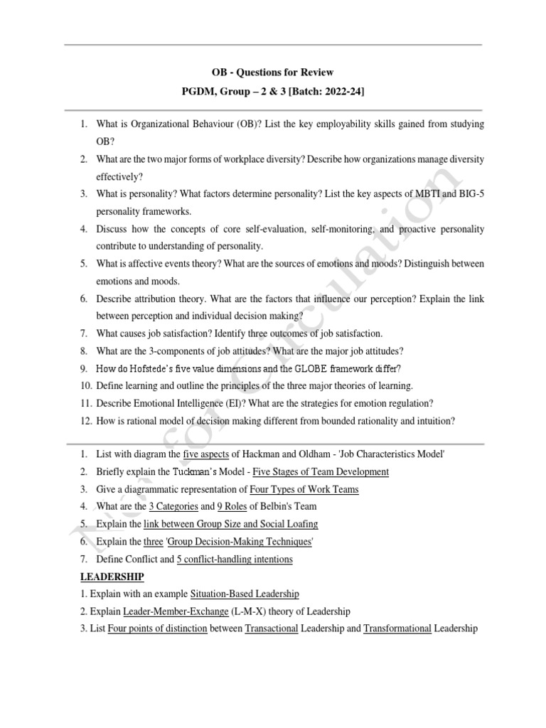 OB - Questions For Review (PGDM, 2022) | PDF | Job Satisfaction ...