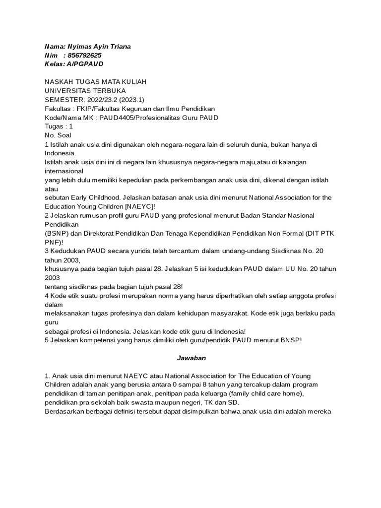 Tugas 1 PAUD4405 Nyimas Ayin Triana | PDF | Karier & Perkembangan | Sains & Matematika