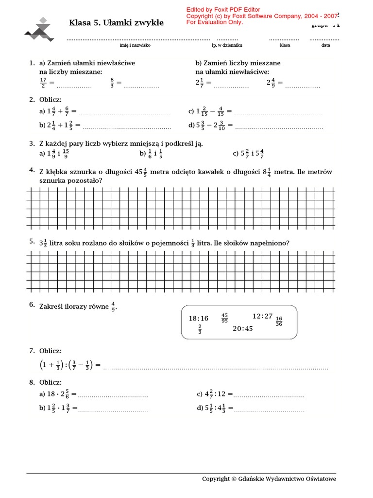 kl5 klasówka główna.Ułamki zwykłe | PDF