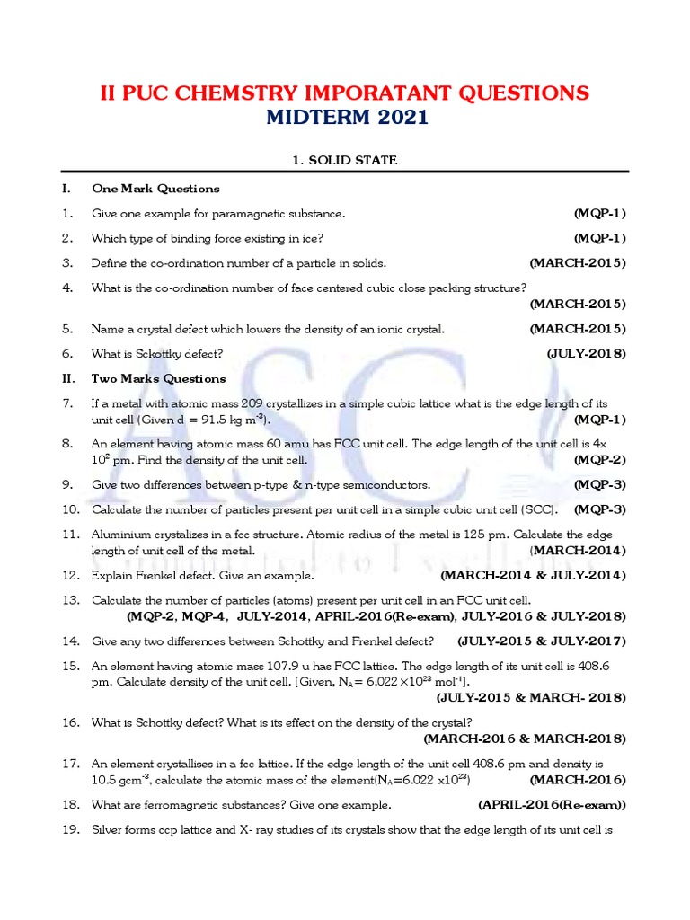 II PUC Chemistry Important Questions | PDF | Transition Metals ...
