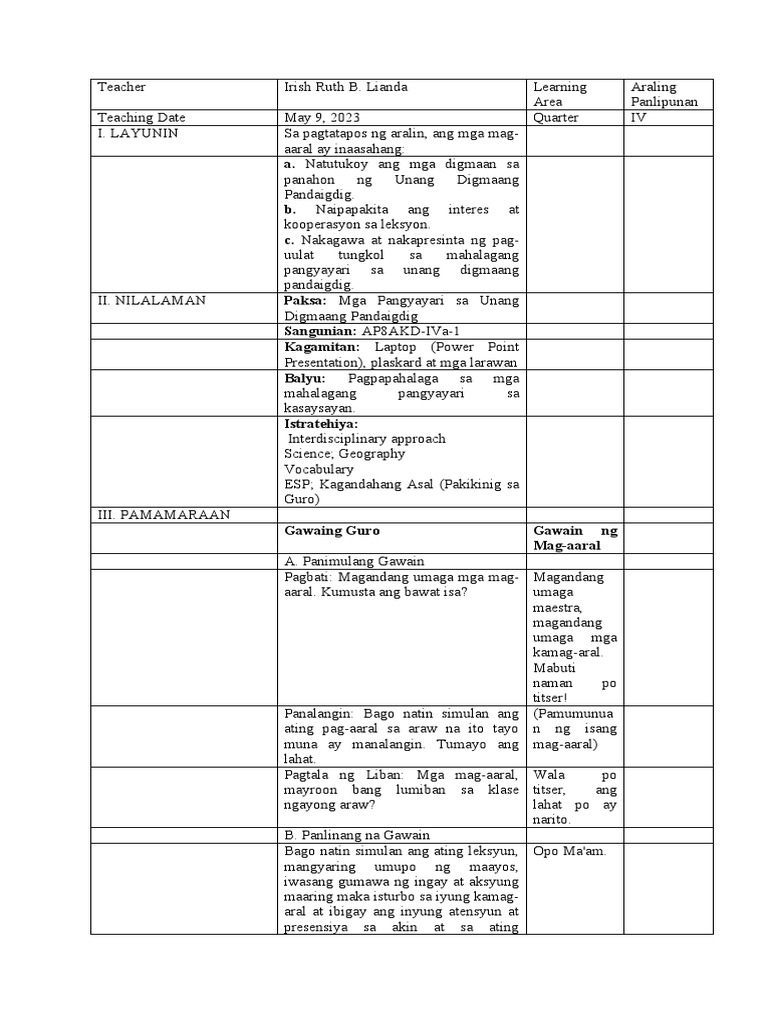 Araling Panlipunan Grade 8 Lesson Plan | PDF