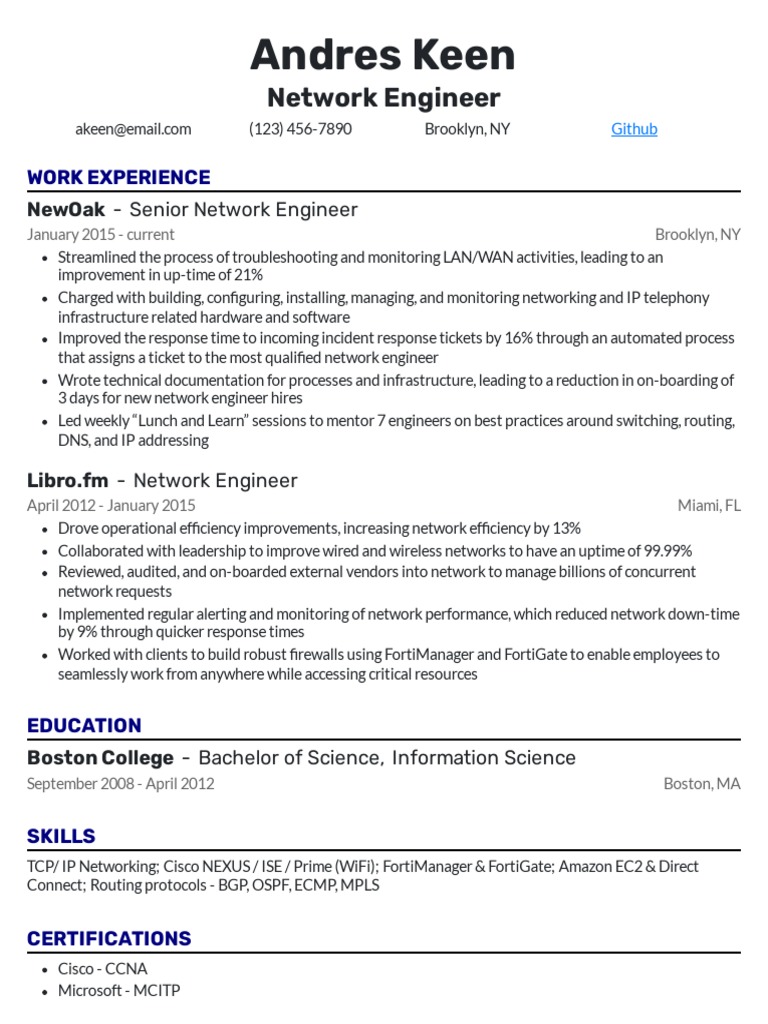 Network Engineer Resume Example | PDF