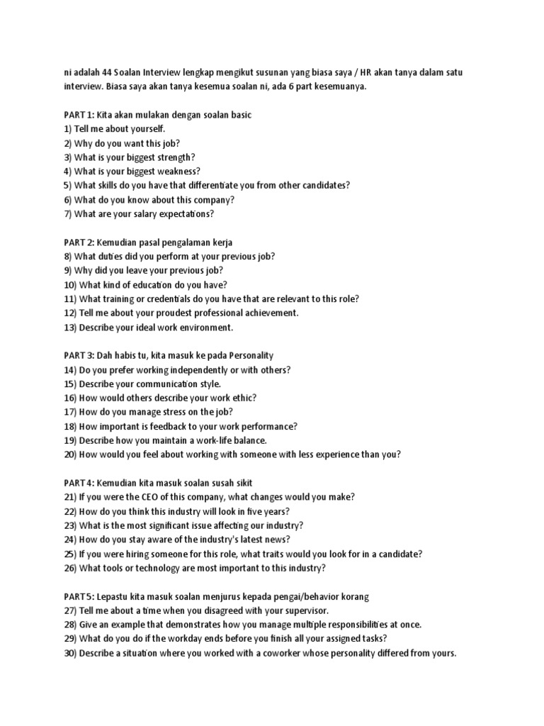 Ni Adalah 44 Soalan Interview Lengkap Mengikut Susunan | PDF ...