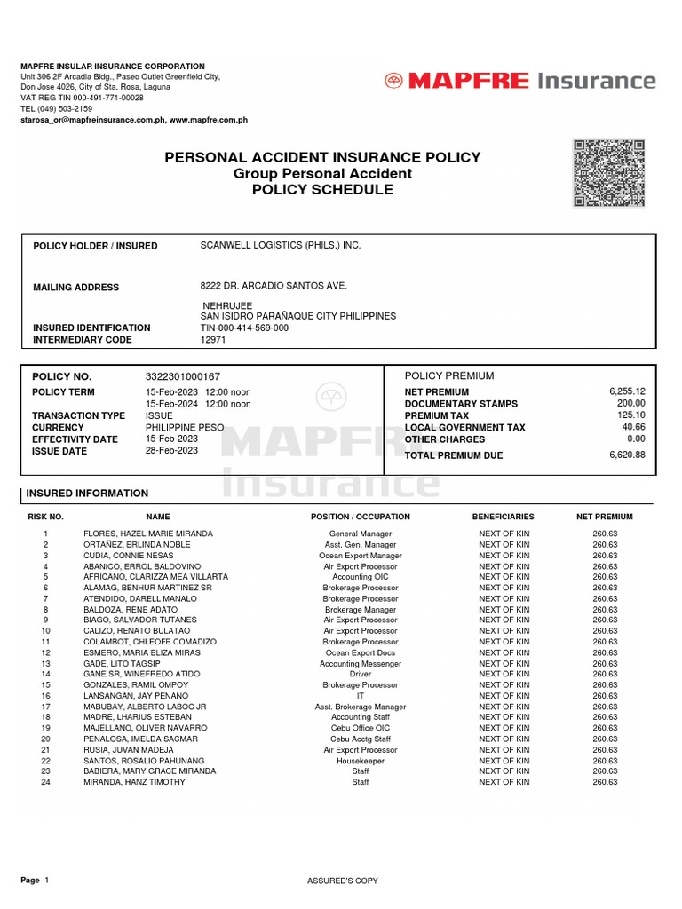 MAPFRE Personal Accident Insurance Policy | PDF | Insurance