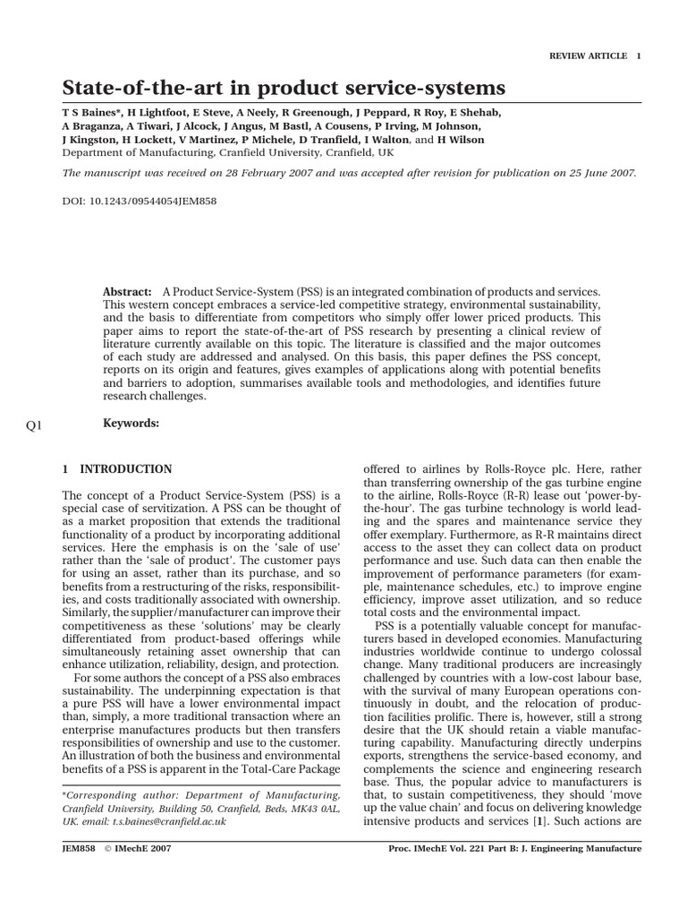 Baines 2007 State-Of-The-Art in Product Service-Systems Pss-Review | Download Free PDF ...